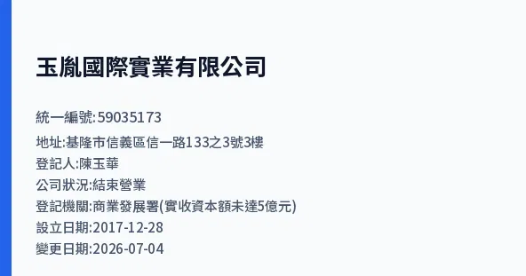 玉胤國際實業有限公司的照片-統編 59035173(基隆市) 公司登記資料與營業項目詳細圖表