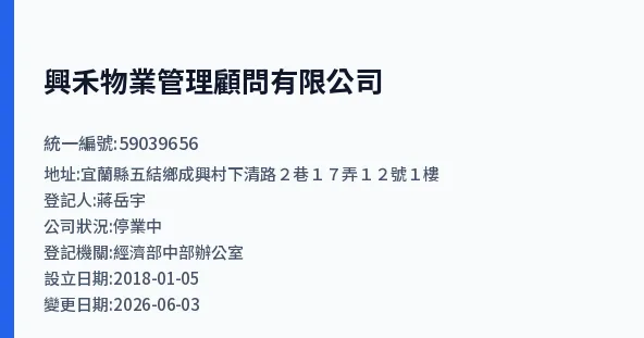 興禾物業管理顧問有限公司的照片-統編 59039656(宜蘭縣) 公司登記資料與營業項目詳細圖表