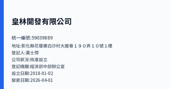 皇林開發有限公司的照片-統編 59039889(彰化縣) 公司登記資料與營業項目詳細圖表