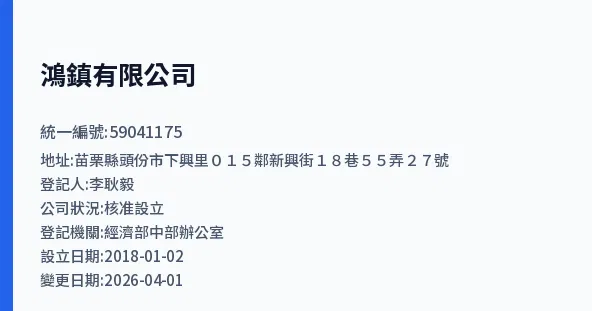鴻鎮有限公司的照片-統編 59041175(苗栗縣) 公司登記資料與營業項目詳細圖表
