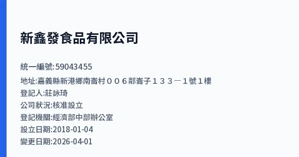 新鑫發食品有限公司的照片-統編 59043455(嘉義縣) 公司登記資料與營業項目詳細圖表