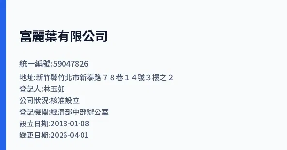 富麗葉有限公司的照片-統編 59047826(新竹縣) 公司登記資料與營業項目詳細圖表