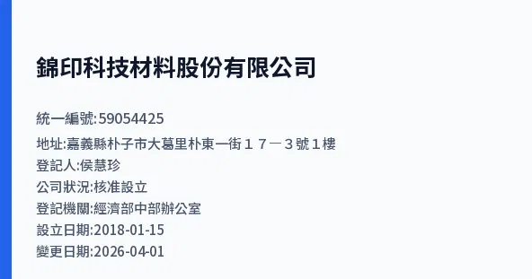 錦印科技材料股份有限公司的照片-統編 59054425(嘉義縣) 公司登記資料與營業項目詳細圖表