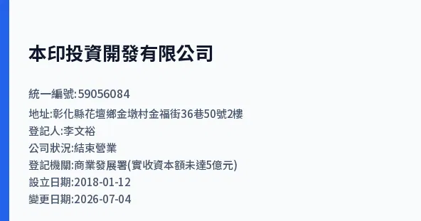 本印投資開發有限公司的照片-統編 59056084(彰化縣) 公司登記資料與營業項目詳細圖表