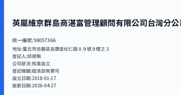英屬維京群島商湛富管理顧問有限公司台灣分公司的照片-統編 59057366(臺北市) 公司登記資料與營業項目詳細圖表