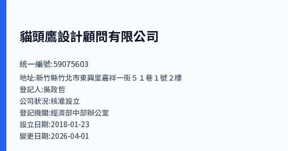 貓頭鷹設計顧問有限公司的照片-統編 59075603(新竹縣) 公司登記資料與營業項目詳細圖表
