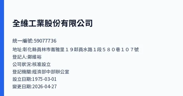 全維工業股份有限公司的照片-統編 59077736(彰化縣) 公司登記資料與營業項目詳細圖表
