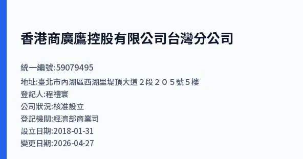 香港商廣鷹控股有限公司台灣分公司的照片-統編 59079495(臺北市) 公司登記資料與營業項目詳細圖表
