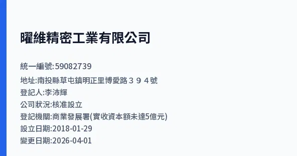 曜維精密工業有限公司的照片-統編 59082739(南投縣) 公司登記資料與營業項目詳細圖表