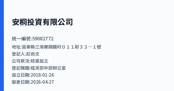 安桐投資有限公司的照片-統編 59082772(苗栗縣) 公司登記資料與營業項目詳細圖表