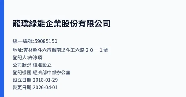 龍璞綠能企業股份有限公司的照片-統編 59085150(雲林縣) 公司登記資料與營業項目詳細圖表