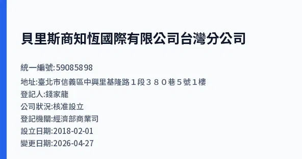 貝里斯商知恆國際有限公司台灣分公司的照片-統編 59085898(臺北市) 公司登記資料與營業項目詳細圖表