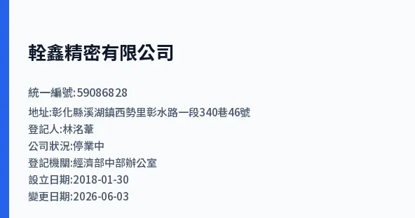 輇鑫精密有限公司的照片-統編 59086828(彰化縣) 公司登記資料與營業項目詳細圖表