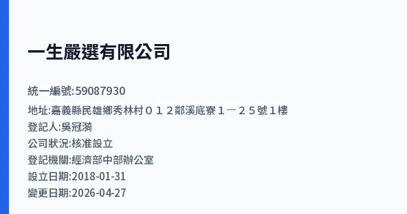 一生嚴選有限公司的照片-統編 59087930(嘉義縣) 公司登記資料與營業項目詳細圖表