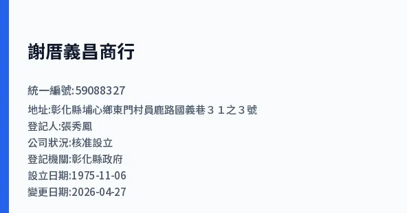 謝厝義昌商行的照片-統編 59088327(彰化縣) 公司登記資料與營業項目詳細圖表