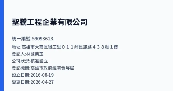 聖騰工程企業有限公司的照片-統編 59093623(高雄市) 公司登記資料與營業項目詳細圖表