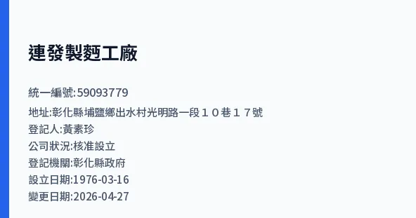 連發製麪工廠的照片-統編 59093779(彰化縣) 公司登記資料與營業項目詳細圖表