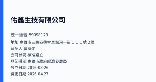 佑鑫生技有限公司的照片-統編 59098129(高雄市) 公司登記資料與營業項目詳細圖表