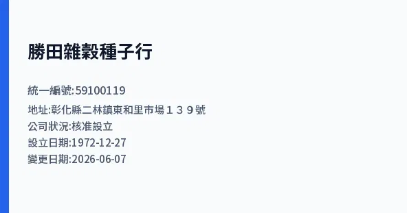 勝田雜穀種子行的照片-統編 59100119(彰化縣) 公司登記資料與營業項目詳細圖表