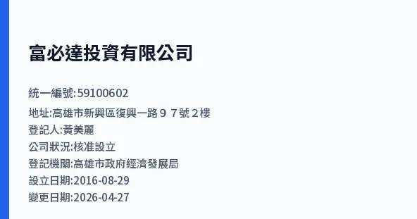富必達投資有限公司的照片-統編 59100602(高雄市) 公司登記資料與營業項目詳細圖表