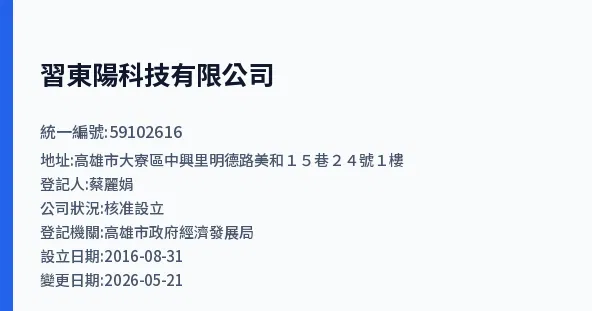習東陽科技有限公司的照片-統編 59102616(高雄市) 公司登記資料與營業項目詳細圖表