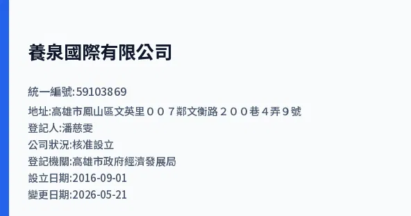 養泉國際有限公司的照片-統編 59103869(高雄市) 公司登記資料與營業項目詳細圖表