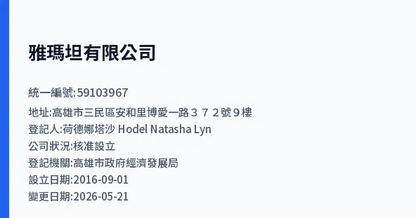 雅瑪坦有限公司的照片-統編 59103967(高雄市) 公司登記資料與營業項目詳細圖表