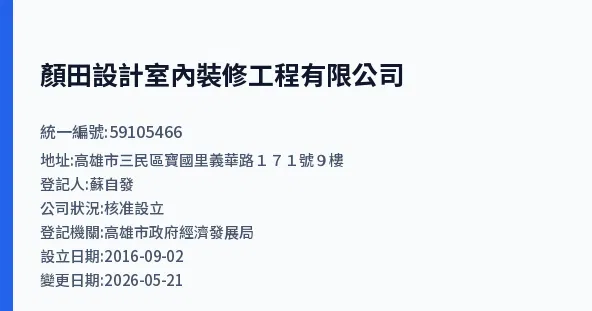 顏田設計室內裝修工程有限公司的照片-統編 59105466(高雄市) 公司登記資料與營業項目詳細圖表
