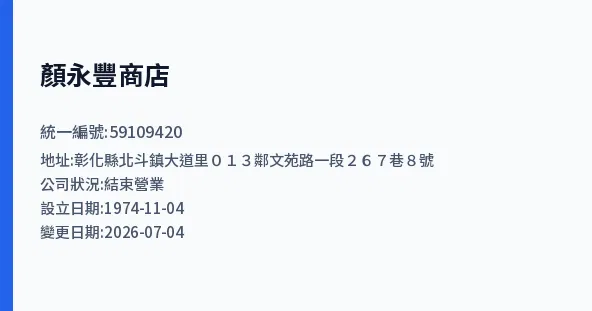 顏永豐商店的照片-統編 59109420(彰化縣) 公司登記資料與營業項目詳細圖表