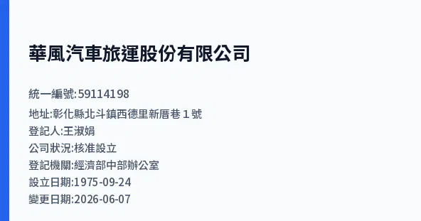 華風汽車旅運股份有限公司的照片-統編 59114198(彰化縣) 公司登記資料與營業項目詳細圖表