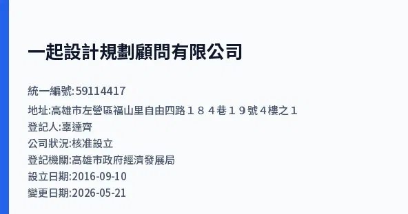 一起設計規劃顧問有限公司的照片-統編 59114417(高雄市) 公司登記資料與營業項目詳細圖表