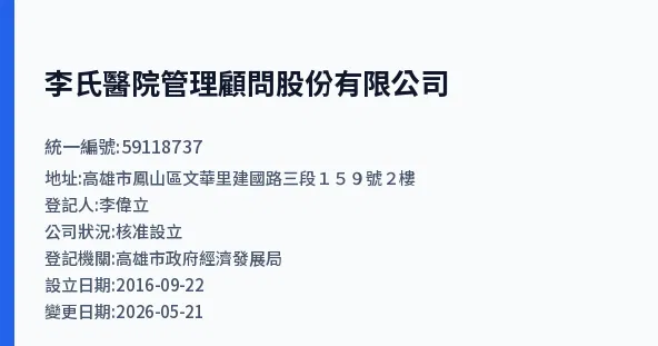 李氏醫院管理顧問股份有限公司的照片-統編 59118737(高雄市) 公司登記資料與營業項目詳細圖表