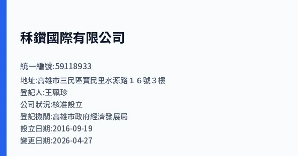 秝鑽國際有限公司的照片-統編 59118933(高雄市) 公司登記資料與營業項目詳細圖表