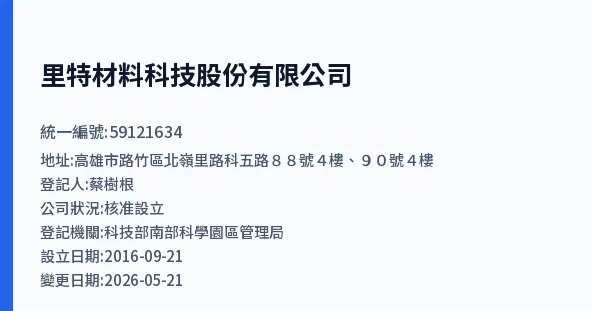 里特材料科技股份有限公司的照片-統編 59121634(高雄市) 公司登記資料與營業項目詳細圖表