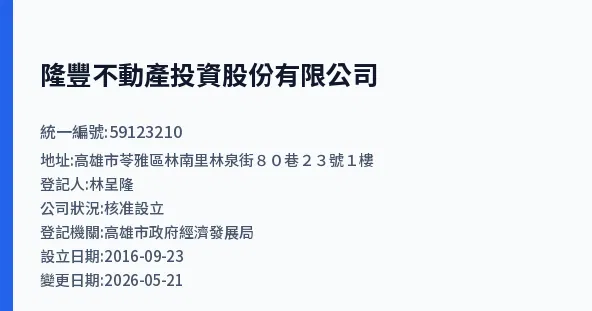 隆豐不動產投資股份有限公司的照片-統編 59123210(高雄市) 公司登記資料與營業項目詳細圖表