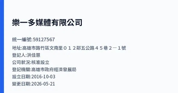 樂一多媒體有限公司的照片-統編 59127567(高雄市) 公司登記資料與營業項目詳細圖表