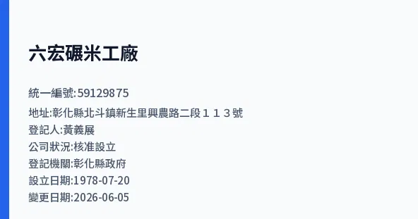 六宏碾米工廠的照片-統編 59129875(彰化縣) 公司登記資料與營業項目詳細圖表