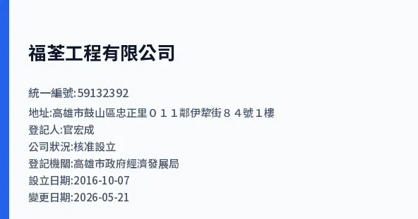 福荃工程有限公司的照片-統編 59132392(高雄市) 公司登記資料與營業項目詳細圖表