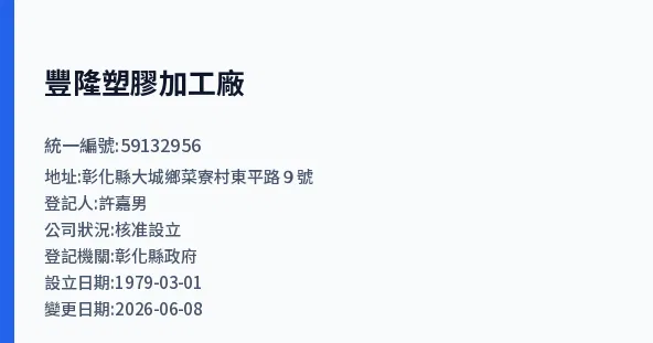 豐隆塑膠加工廠的照片-統編 59132956(彰化縣) 公司登記資料與營業項目詳細圖表