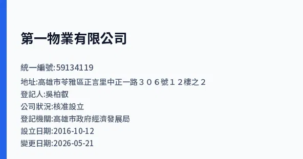 第一物業有限公司的照片-統編 59134119(高雄市) 公司登記資料與營業項目詳細圖表