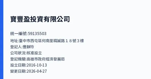 寶豐盈投資有限公司的照片-統編 59135503(臺中市) 公司登記資料與營業項目詳細圖表