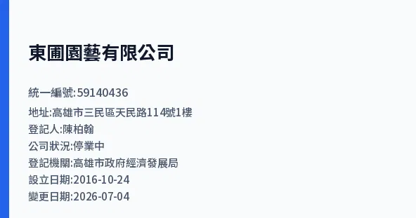 東圃園藝有限公司的照片-統編 59140436(高雄市) 公司登記資料與營業項目詳細圖表