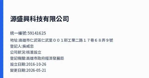 源盛興科技有限公司的照片-統編 59141625(高雄市) 公司登記資料與營業項目詳細圖表