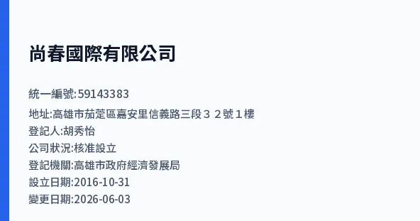 尚春國際有限公司的照片-統編 59143383(高雄市) 公司登記資料與營業項目詳細圖表