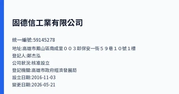 固德信工業有限公司的照片-統編 59145278(高雄市) 公司登記資料與營業項目詳細圖表