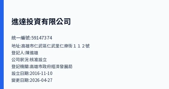 進達投資有限公司的照片-統編 59147374(高雄市) 公司登記資料與營業項目詳細圖表