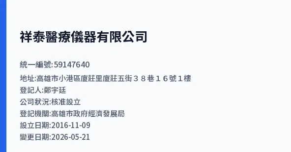 祥泰醫療儀器有限公司的照片-統編 59147640(高雄市) 公司登記資料與營業項目詳細圖表