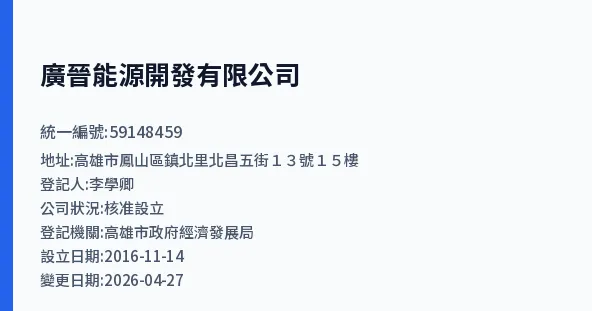 廣晉能源開發有限公司的照片-統編 59148459(高雄市) 公司登記資料與營業項目詳細圖表