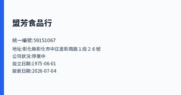 盟芳食品行的照片-統編 59151067(彰化縣) 公司登記資料與營業項目詳細圖表