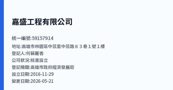 嘉盛工程有限公司的照片-統編 59157914(高雄市) 公司登記資料與營業項目詳細圖表